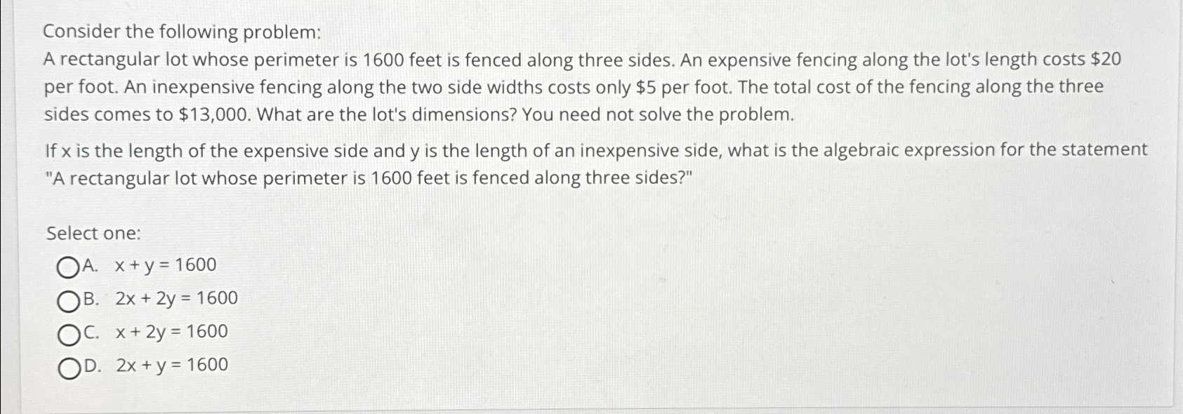 Solved Consider the following problem:A rectangular lot | Chegg.com