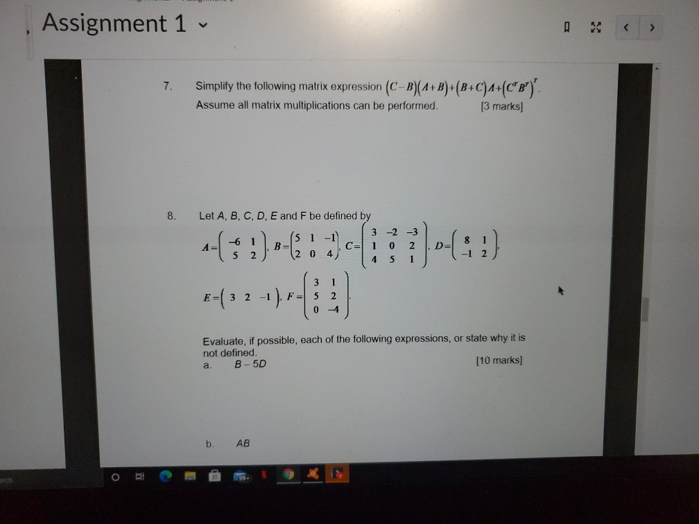 Solved Assignment 1 V D 7. Simplify the following matrix | Chegg.com