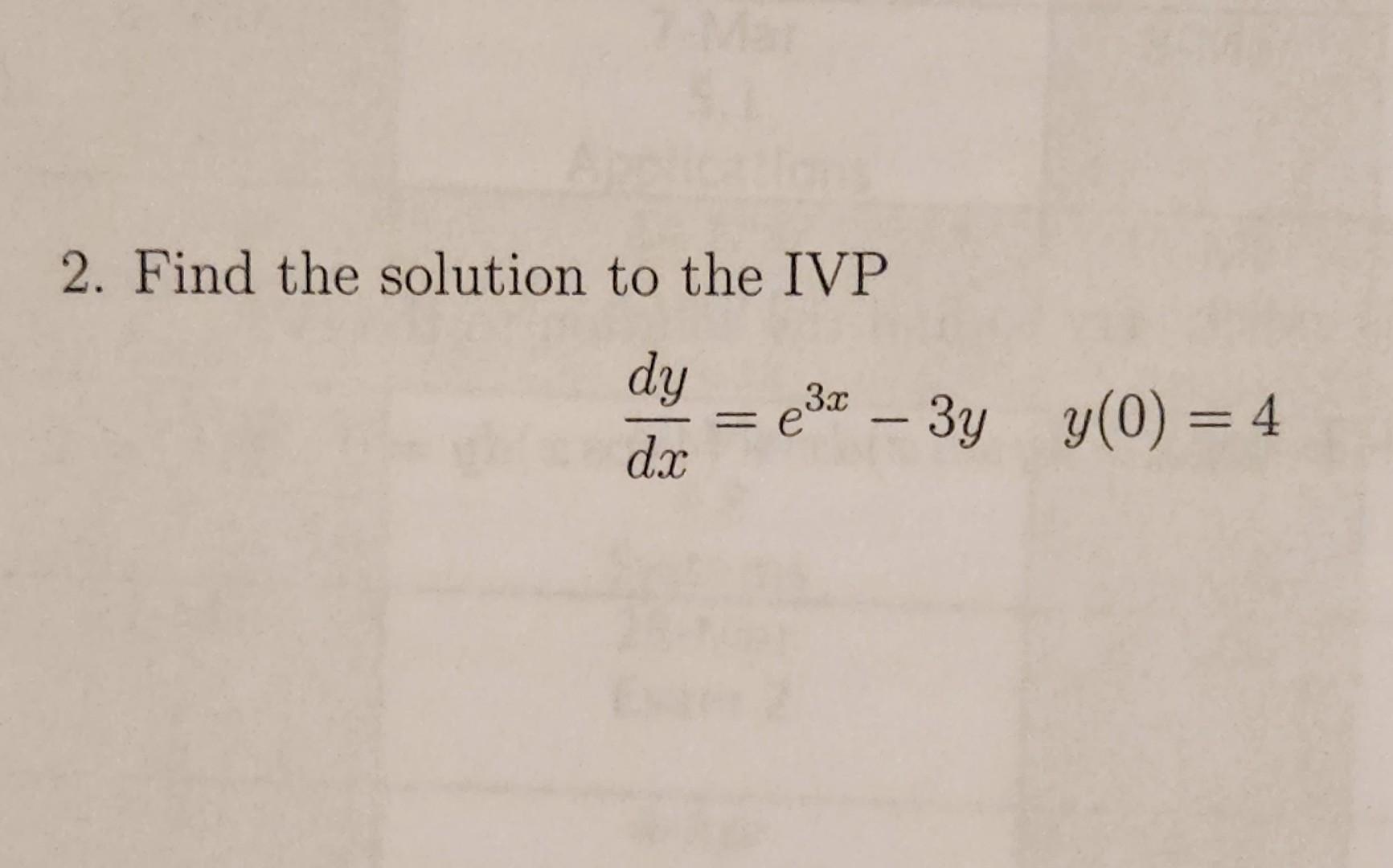 Solved 2. Find the solution to the IVP dxdy=e3x−3yy(0)=4 | Chegg.com