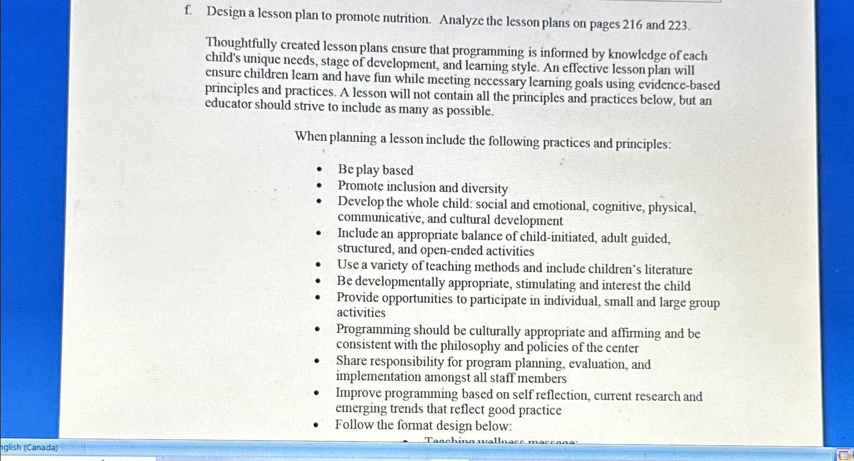 Solved f. ﻿Design a lesson plan to promote nutrition. | Chegg.com