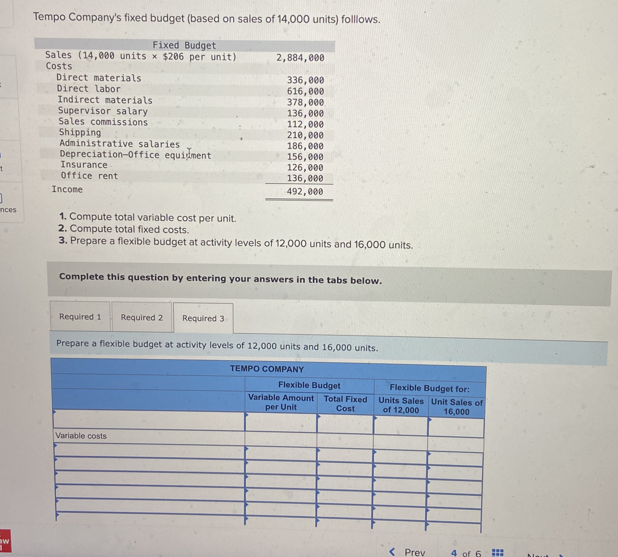 Solved Tempo Company's fixed budget (based on sales of | Chegg.com