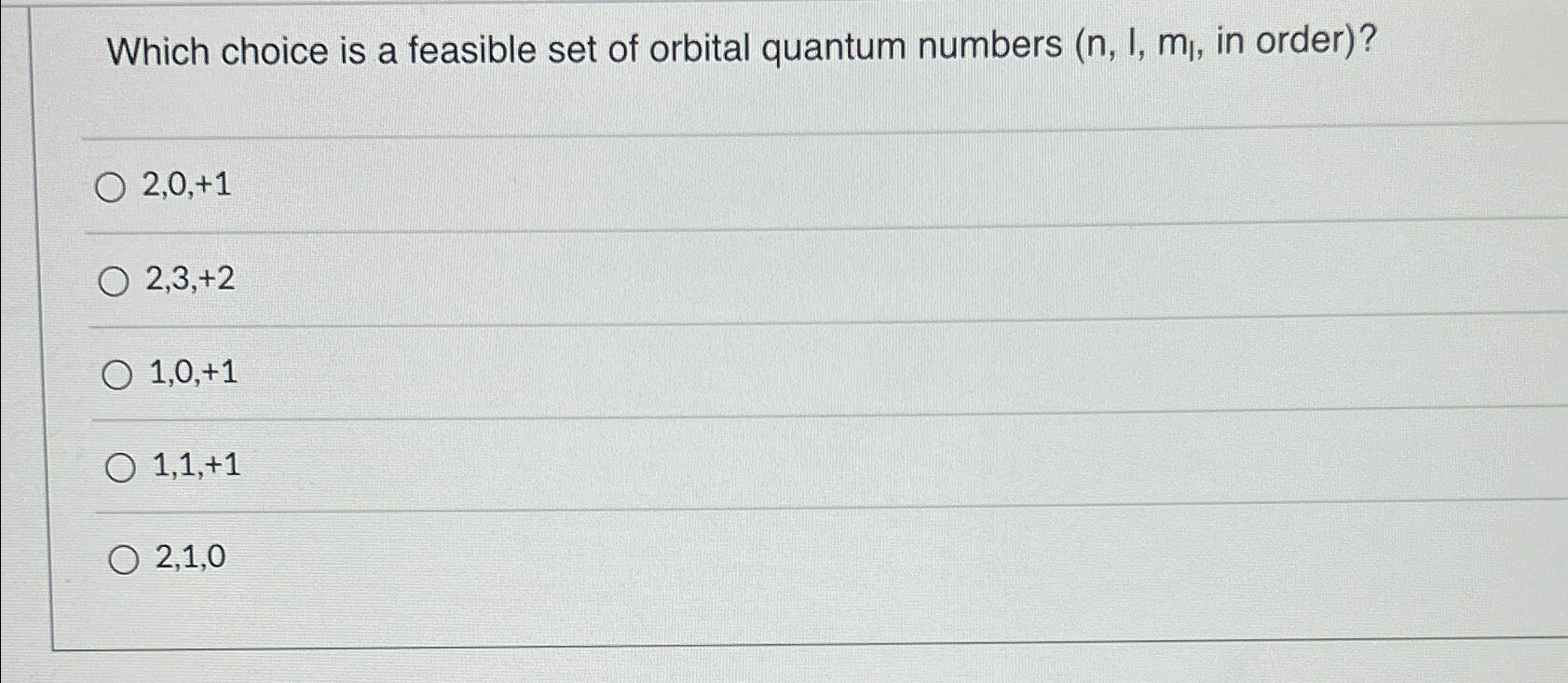 Solved Which choice is a feasible set of orbital quantum | Chegg.com