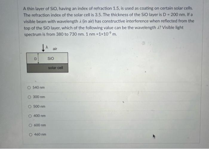 Solved A thin layer of SiO, having an index of refraction | Chegg.com