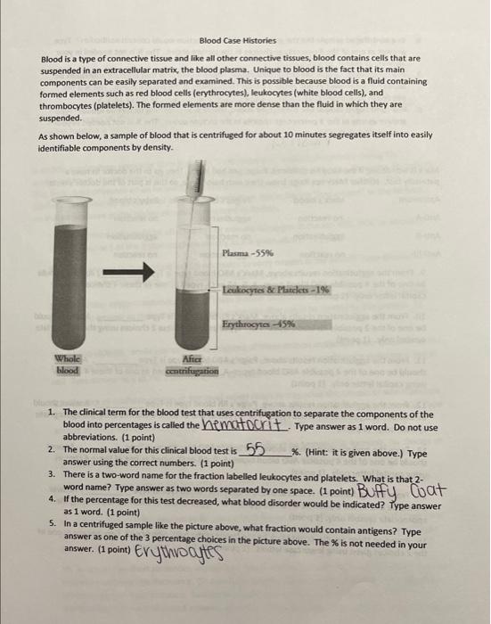 Solved Blood Case Histories Blood is a type of connective | Chegg.com