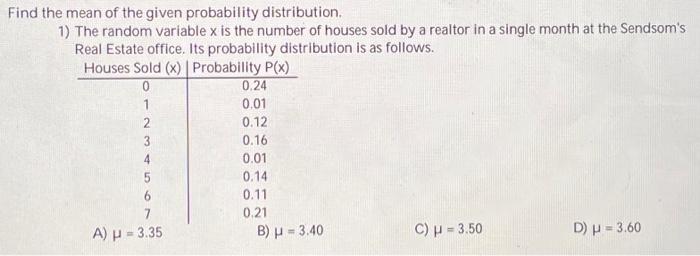 Solved Find the mean of the given probability distribution. | Chegg.com