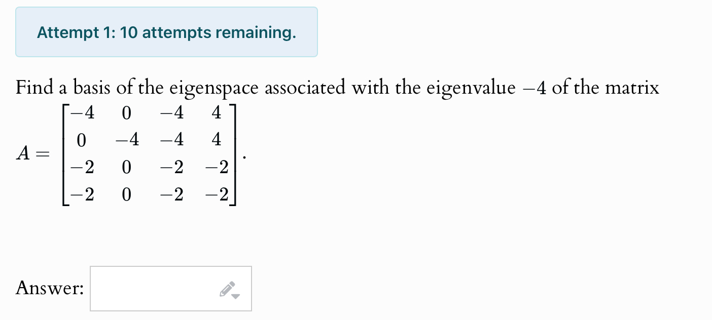 Solved Attempt 1: 10 ﻿attempts remaining.Find a basis of the | Chegg.com