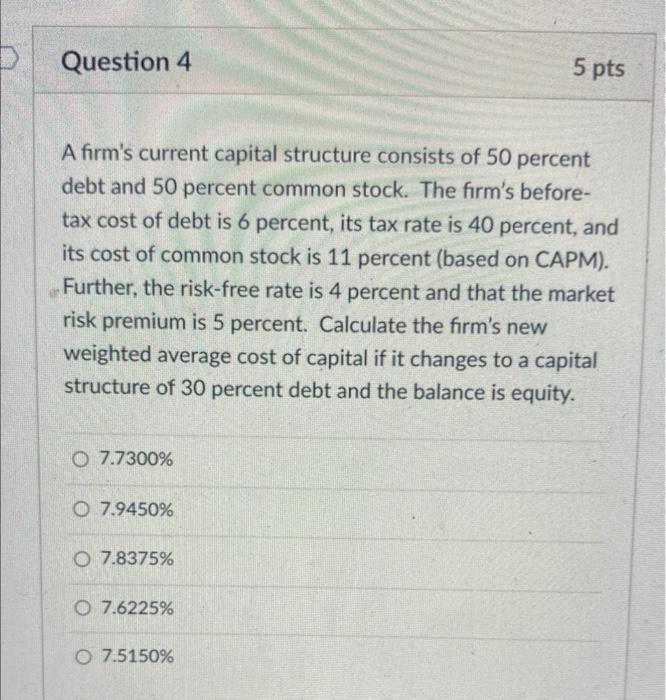 Solved A firm's current capital structure consists of 50 | Chegg.com