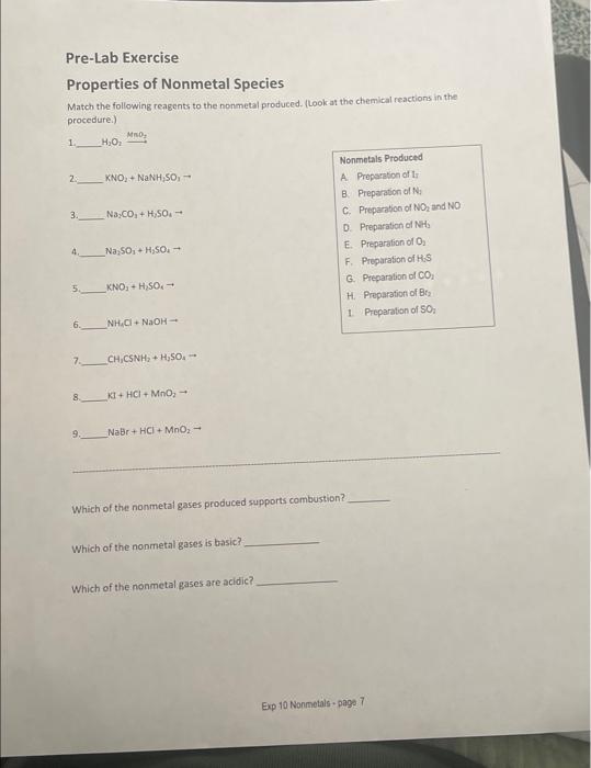 Solved Pre-Lab Exercise Properties of Nonmetal Species Match | Chegg.com