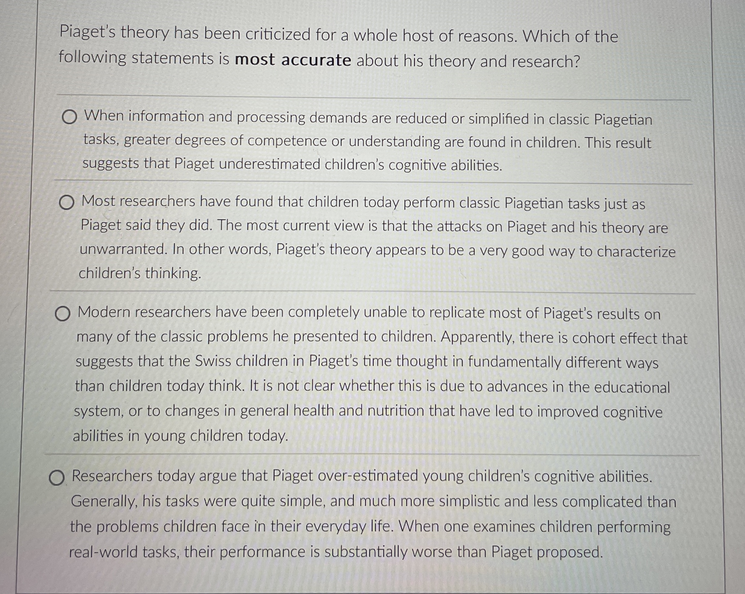 Solved Piaget's theory has been criticized for a whole host | Chegg.com