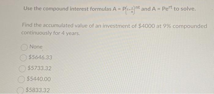 Solved Use the compound interest formulas A=P[1+nr)nt and | Chegg.com