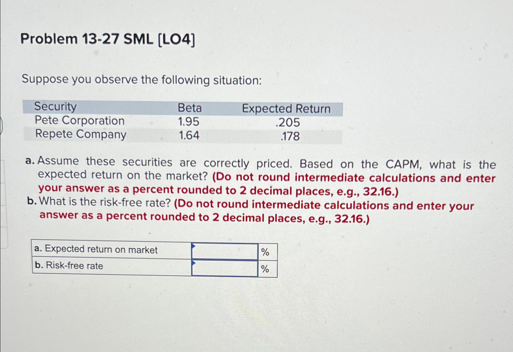 Solved Problem 13-27 ﻿SML [LO4]Suppose you observe the | Chegg.com