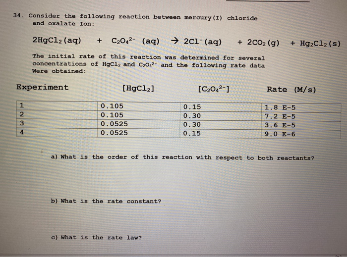 Solved 34. Consider the following reaction between mercury | Chegg.com
