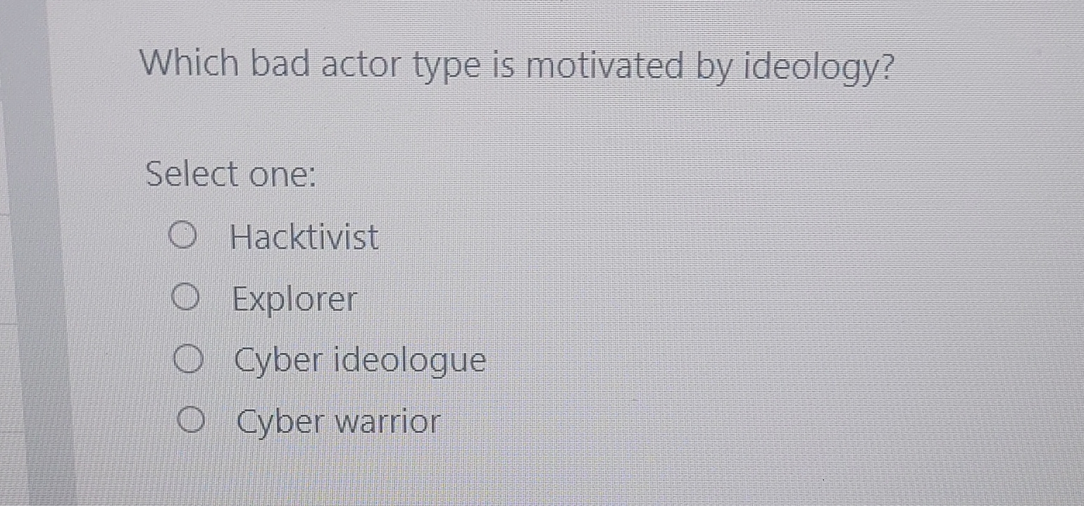 Solved Which Bad Actor Type Is Motivated By Ideology Select