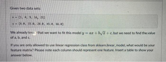 Solved Given two data sets: | Chegg.com