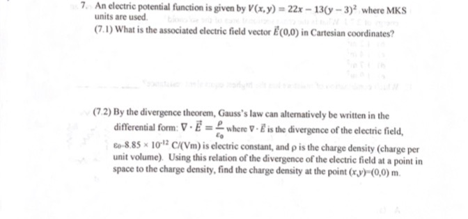 Solved 7. An electric potential function is given by V(x,y) | Chegg.com