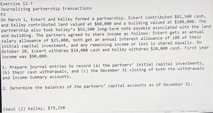 Solved Exercise 12−7 Journalizing partnership transactions | Chegg.com