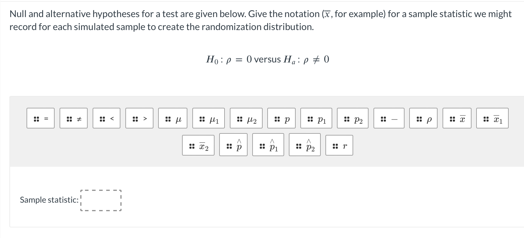 Solved H0:ρ=0 ﻿versus Ha:ρ≠0:=::≠:Pμ2p:x‾1Sample statistic: | Chegg.com