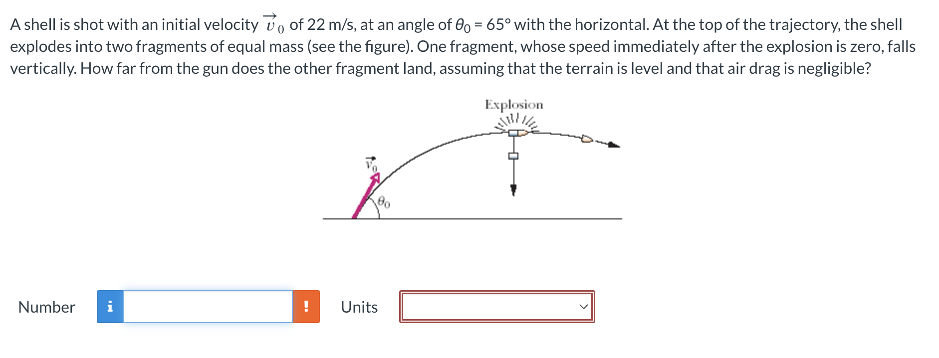 Solved A shell is shot with an initial velocity vec(v)0 ﻿of | Chegg.com