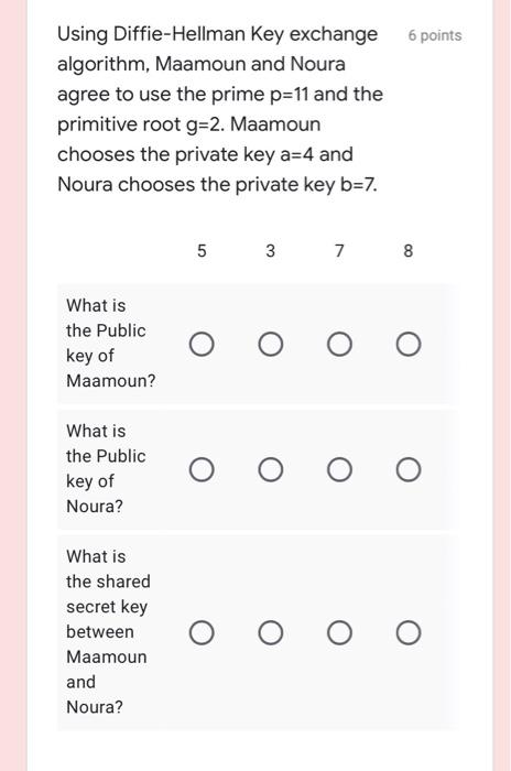 Solved Using Diffie-Hellman algorithm, Maamoun and Noura | Chegg.com