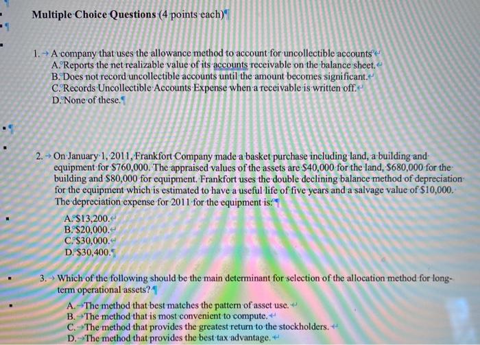 Solved Multiple Choice Questions (4 points each) - 1 1.- A | Chegg.com