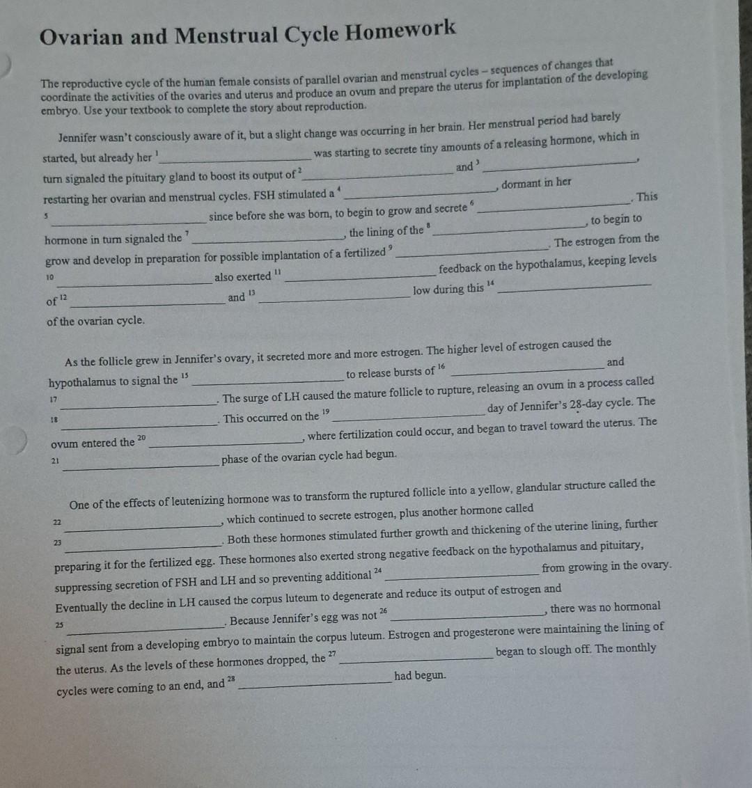 Solved Ovarian and Menstrual Cycle Homework The reproductive | Chegg.com