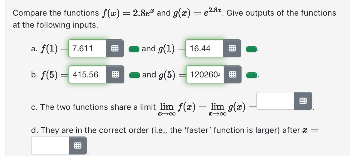 Solved Compare the functions f(x)=2.8ex ﻿and g(x)=e2.8x. | Chegg.com