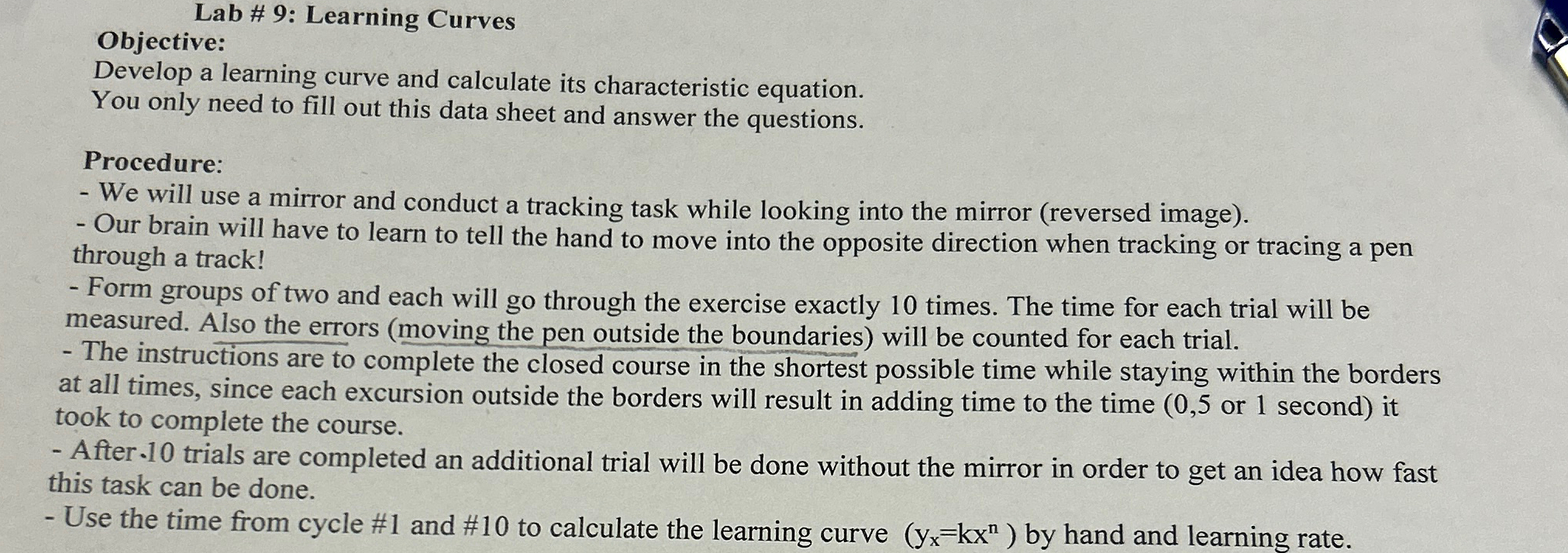 Solved Lab # 9: Learning CurvesObjective:Develop a learning | Chegg.com