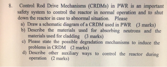Solved 8. Control Rod Drive Mechanisms (CRDMs) in PWR is an | Chegg.com