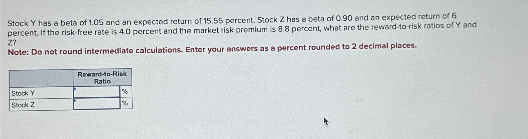 Solved Stock Y ﻿has a beta of 1.05 ﻿and an expected return | Chegg.com