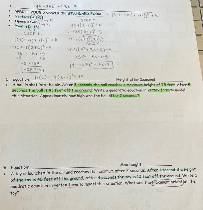 Solved 5. Equation: Height after 2 second: h(t)=−8(x−3)2+75 | Chegg.com