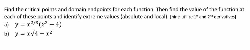 Solved Find the critical points and domain endpoints for | Chegg.com