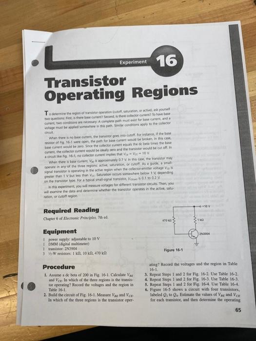 Solved Experiment 16 Transistor Operating Regions Torine e | Chegg.com