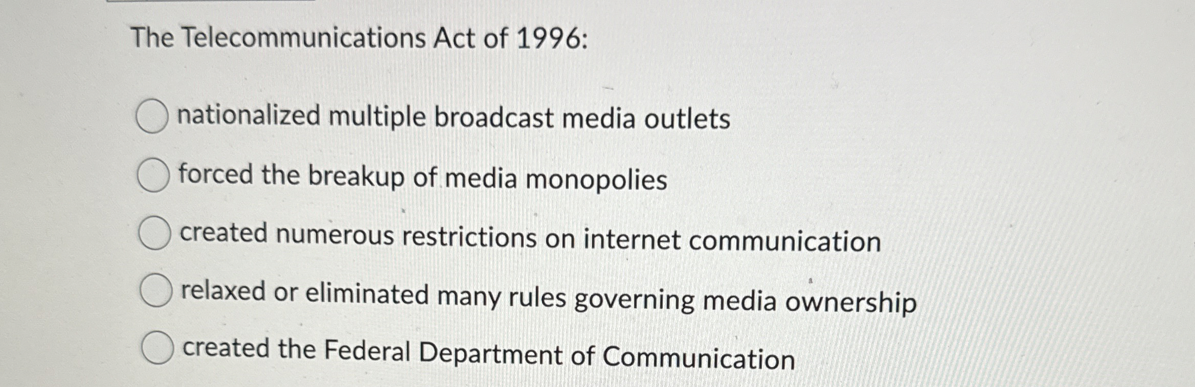 Solved The Telecommunications Act of 1996:nationalized | Chegg.com
