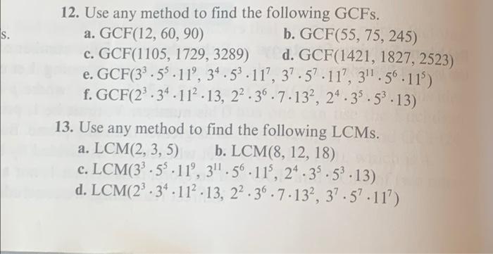 Solved Is. 12. Use any method to find the following GCFs. a. | Chegg.com