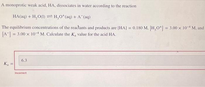 Solved A monoprotic weak acid, HA, dissociates in water | Chegg.com