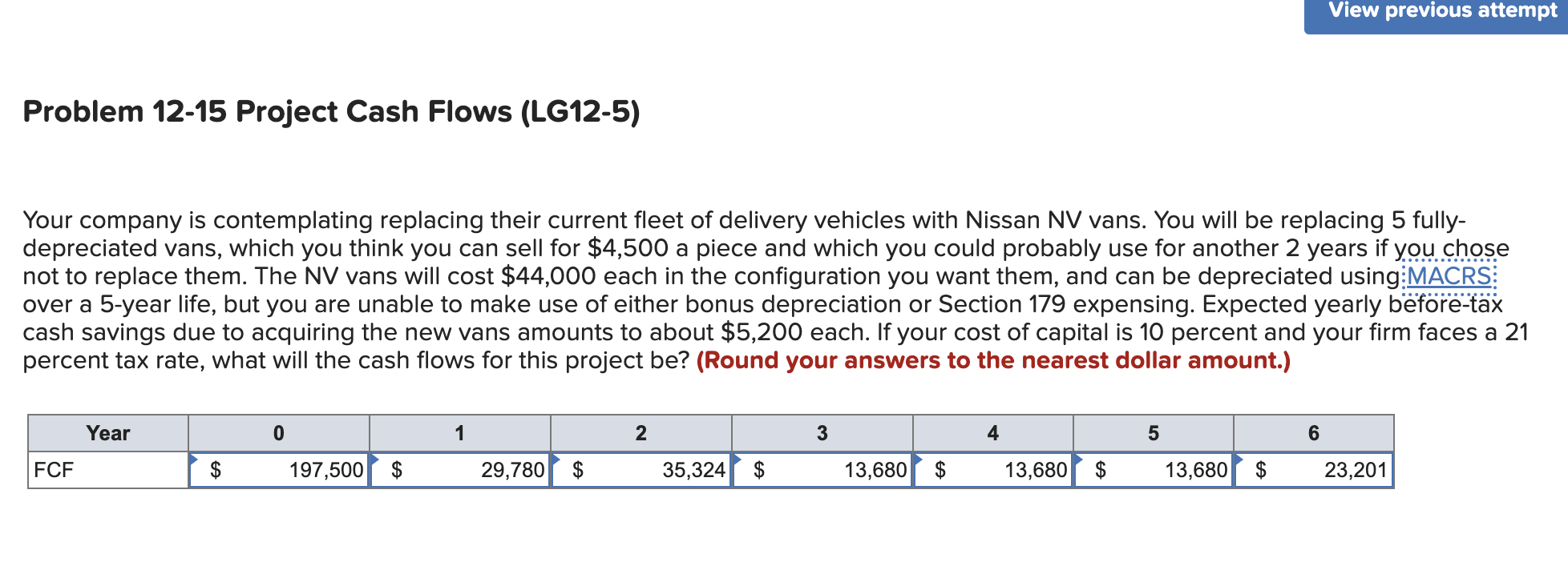 Solved problem 12-15,Problem 12-15 ﻿Project Cash Flows | Chegg.com