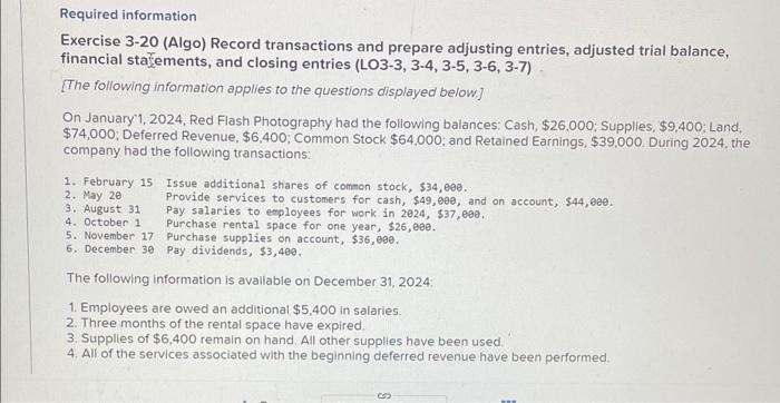 Solved Exercise 3-20 (Algo) Record transactions and prepare | Chegg.com