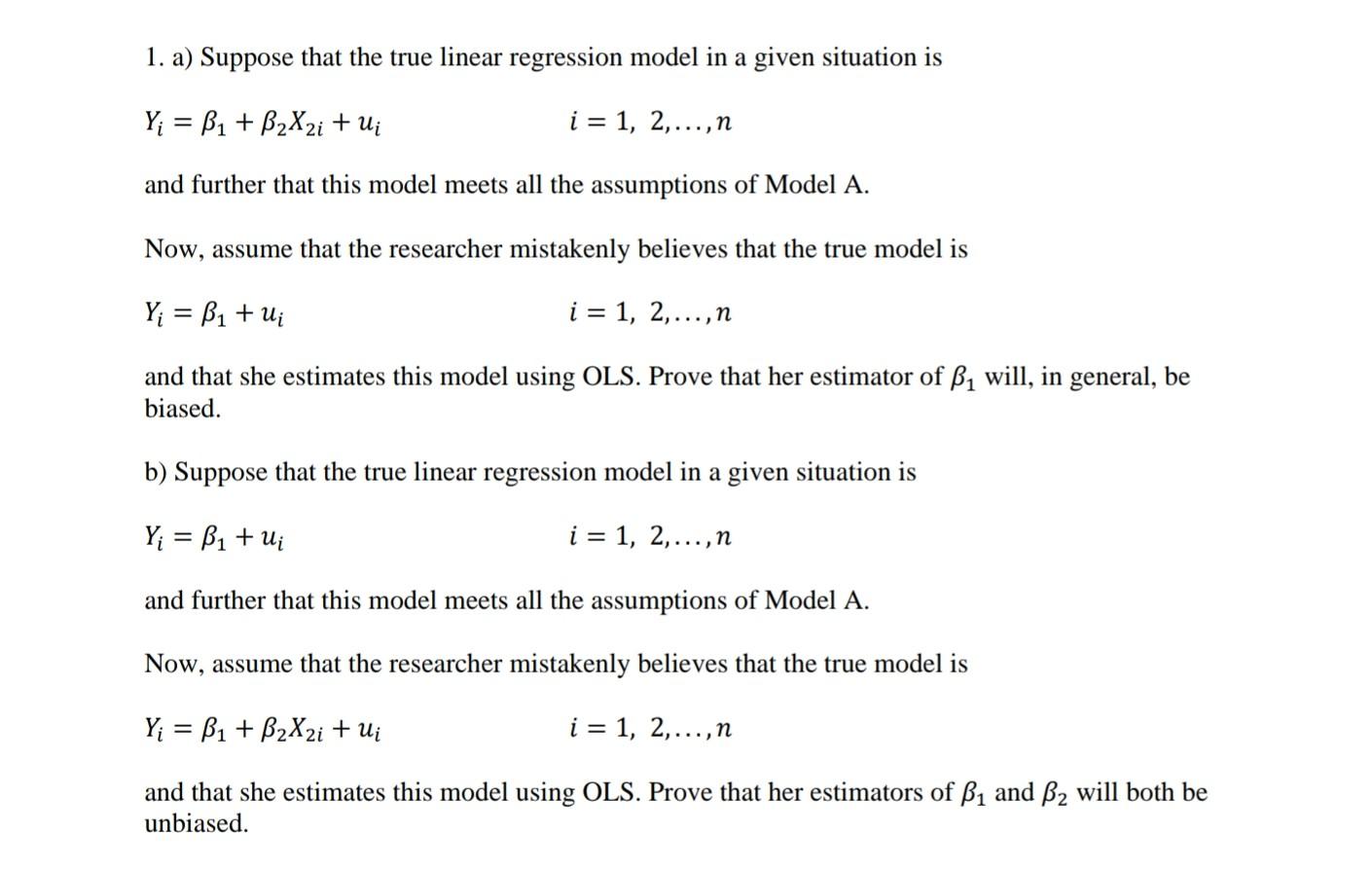 Solved 1. a) Suppose that the true linear regression model | Chegg.com