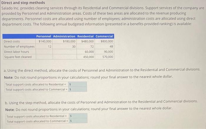 Solved Direct and step methods Salado Inc. provides cleaning | Chegg.com