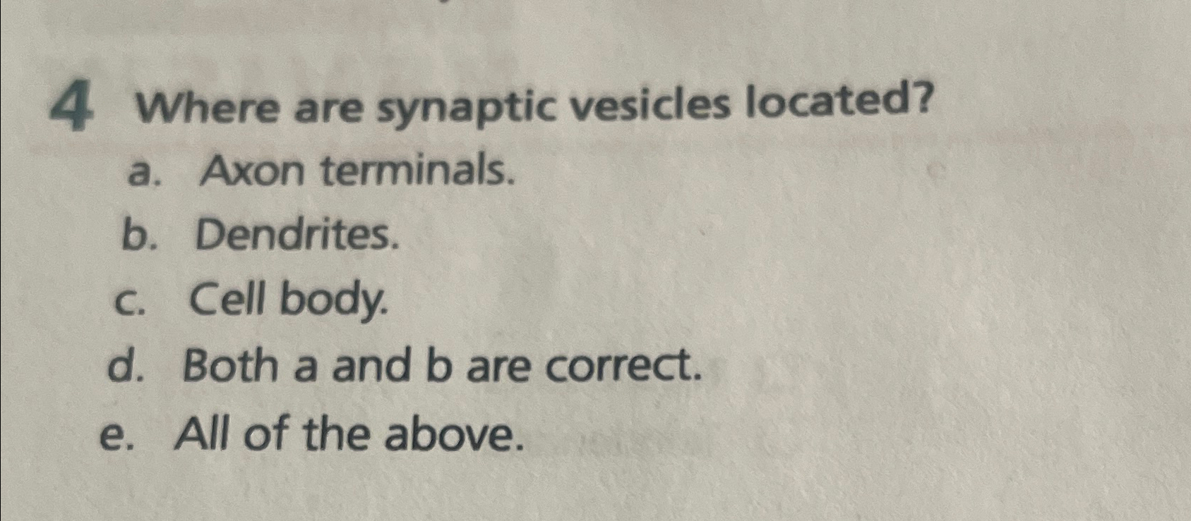 Solved 4 ﻿Where are synaptic vesicles located?a. ﻿Axon | Chegg.com