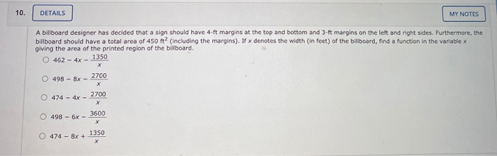 Solved 10. DETAILS MY NOTES A billboard designer has decided | Chegg.com