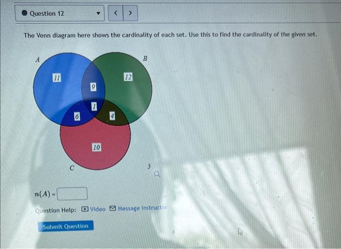Solved The Venn diagram here shows the cardinality of each | Chegg.com