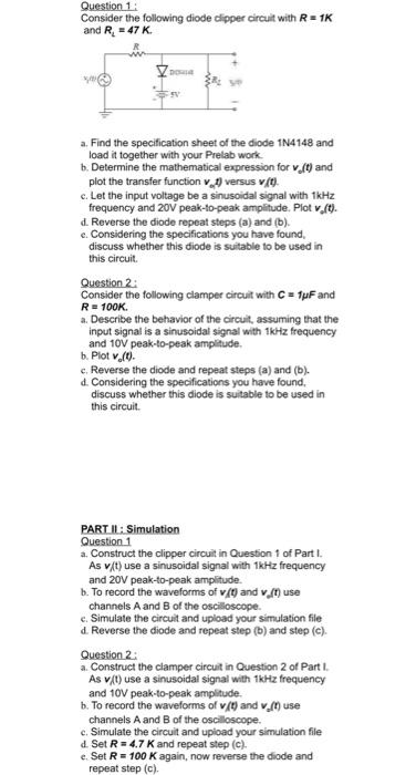 Question 1: Consider the following diode clipper | Chegg.com