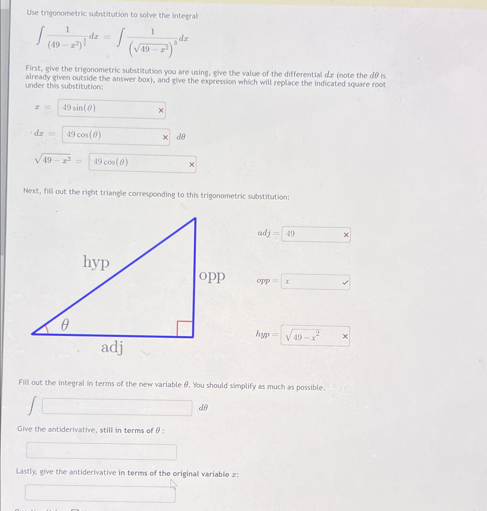 Solved Use trigonometric substitution to solve the | Chegg.com
