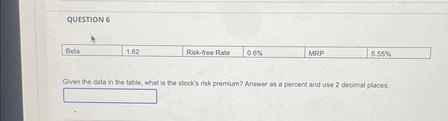 Solved QUESTION 6\table[[Beta,1.62,Risk-free | Chegg.com Solved QUESTION 6\table[[Beta,1.62,Risk-free | Chegg.com