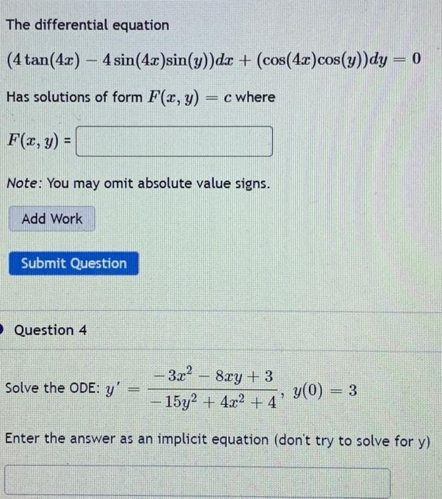 Solved The differential equation (4 tan(4x) – 4 | Chegg.com
