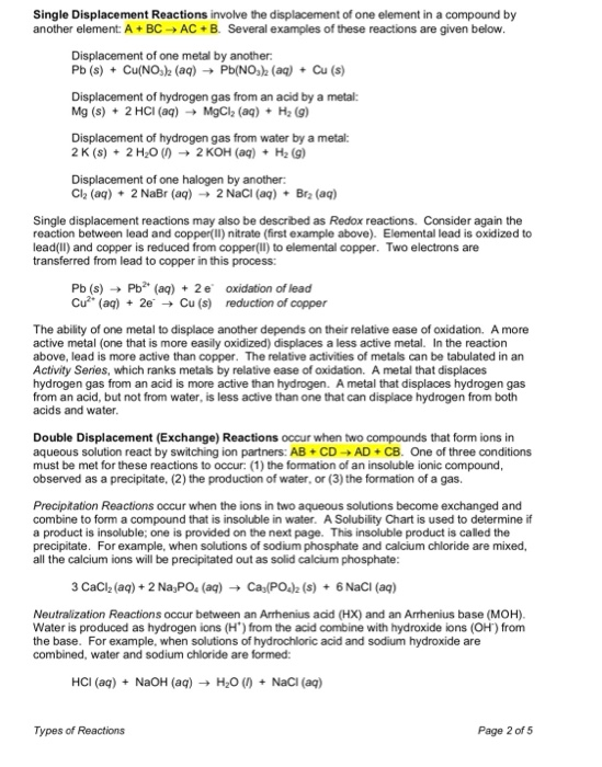 Solved Single Displacement Reactions involve the | Chegg.com