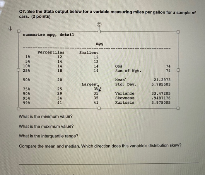 Solved Q7 See The Stata Output Below For A Variable