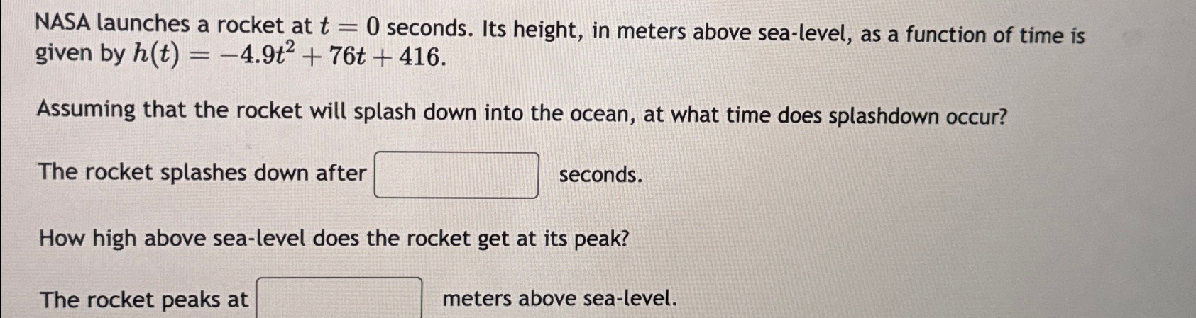 Solved NASA launches a rocket at t=0 ﻿seconds. Its height, | Chegg.com