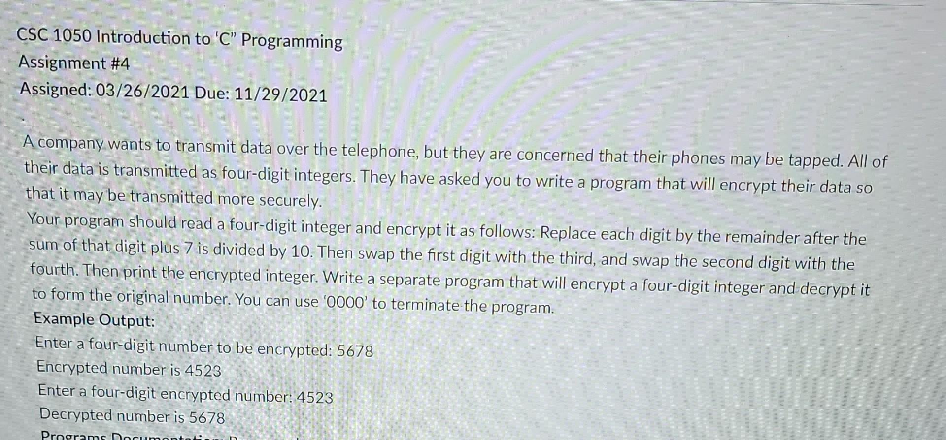 Solved CSC 1050 Introduction to 'C" Programming Assignment | Chegg.com